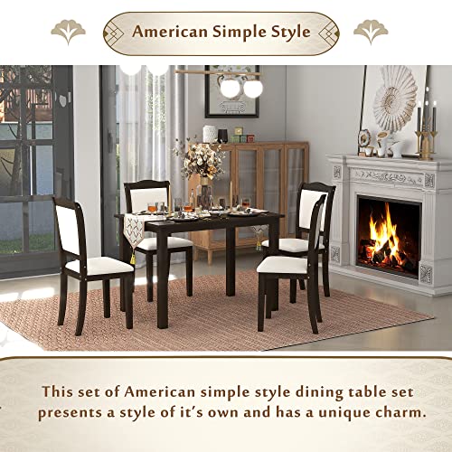 GLORHOME 5-Piece Mid-Century Wood Dining Table Set with 4 Upholstered Chairs for Family Kitchen Small Places, Espresso+White