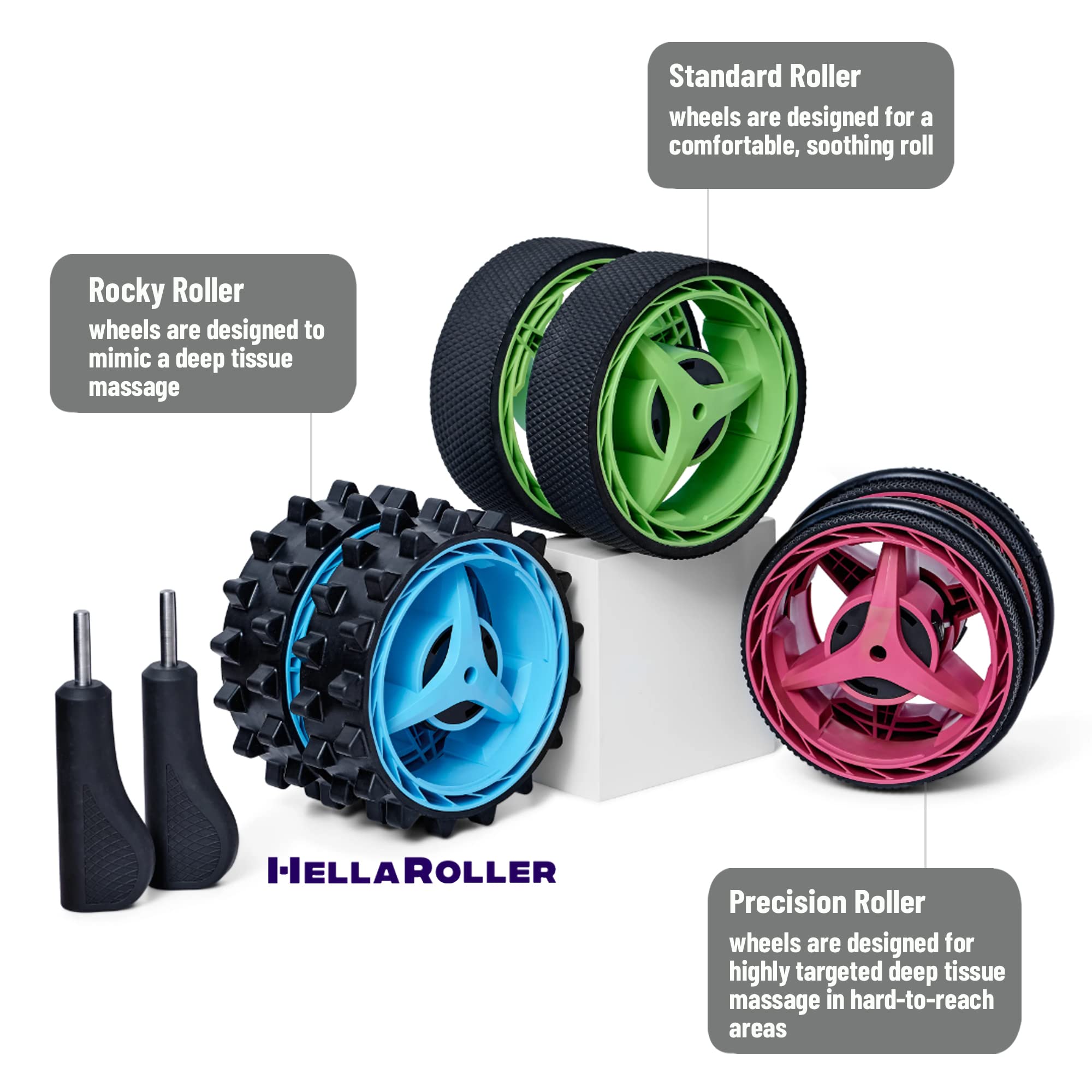 HellaRoller Back & Muscle Roller Wheel - Expandable Precision Wheels, Great for Back Pain Relief, Muscle Therapy & Deep Tissue Massage, Foam Roller Alternative (Ultimate Bundle of 3)