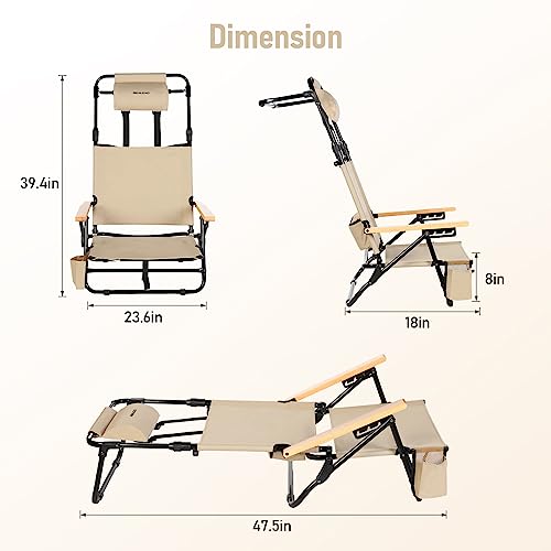 REALEAD Reclining Beach Chairs for Adults - Extendable High Back Low Profile Beach Chair with Headrest, Cooler Pouch, Cup Holder, 4-Position Lay Flat Folding Beach Chairs Heavy Duty Support 330LBS