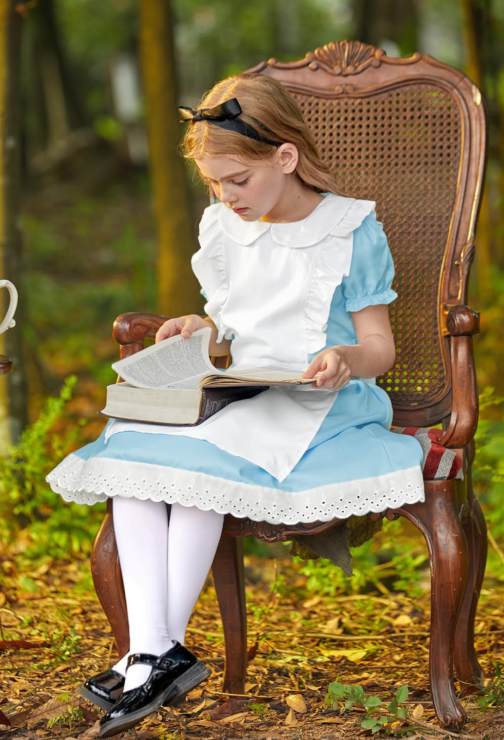 Halloween Child Girls Alice Outfit Puff Sleeve Casual Ruffle Trim Midi Dresses with Headband Blue 10 Years