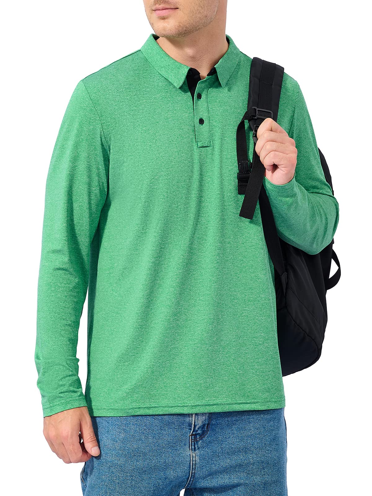 MARAMI Men's Golf Polo Shirt - Long Sleeve Tactical Shirts Quick Dry Performance Jersey Hiking Collared Shirt Green Size L