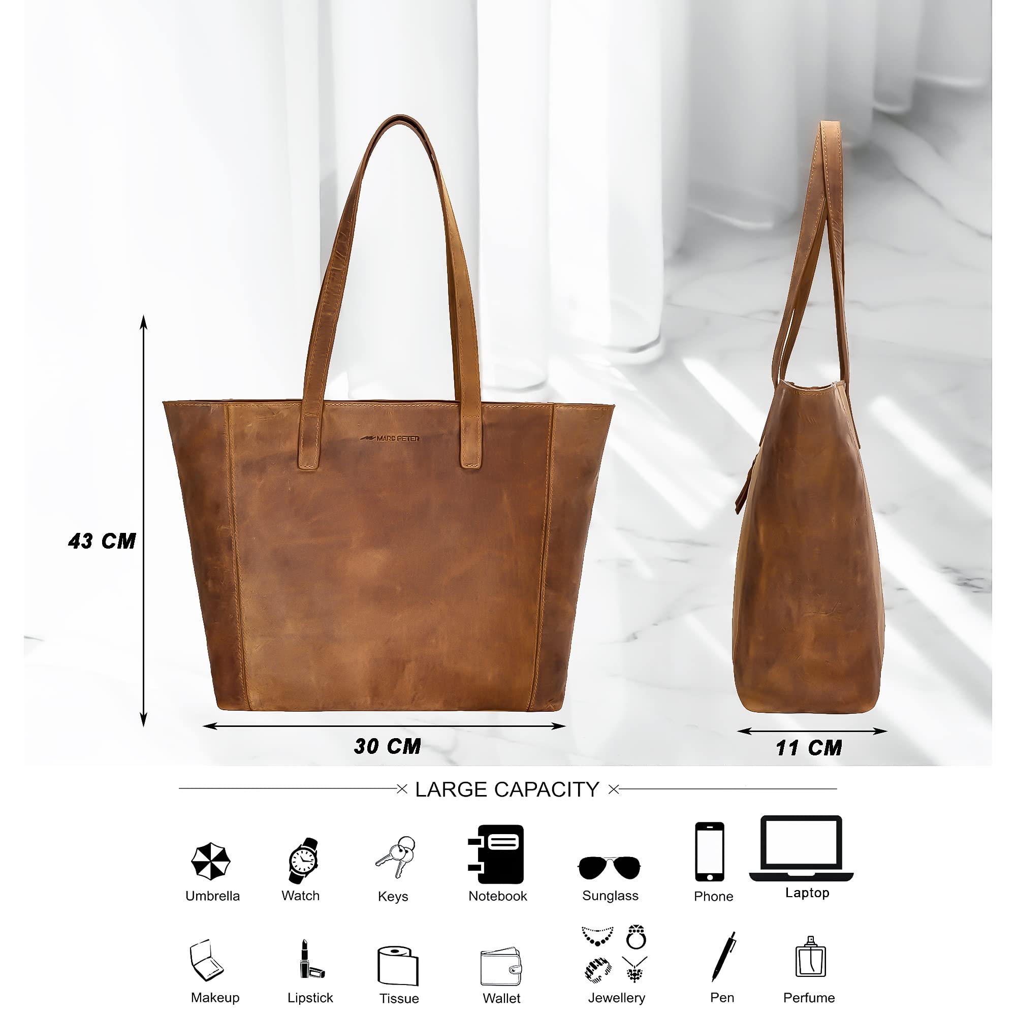 MARC PETER Rosie Hunter Leather Tote Bag for Women | Top Handle Satchel | Women Fashion Shoulder Bag Tan