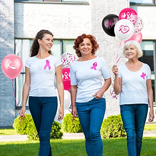Grehge ces Pink Ribbon Latex Balloons Breast Cancer Awareness Balloons Transparent Confetti Glitter Balloons Set Printed Balloons with Ribbons for Charity Fundraiser Party Supplies, 8 Designs