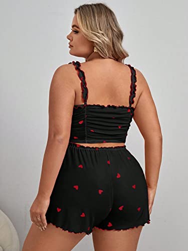 SOLY HUX Women's Plus Size Heart Print Mesh Pajama Set Cami Top and Shorts Lounge Sleepwear Black Heart 5XL