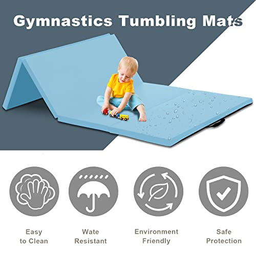 HCY Exercise Mat Gymnastics Mat Tumbling Mat 4'x8'x2 Pu Leather with Carrying Handles for Yoga,Home Gym,Core Workouts,Stretching-Blue, 92''(L)x46''(W)x2''(D)