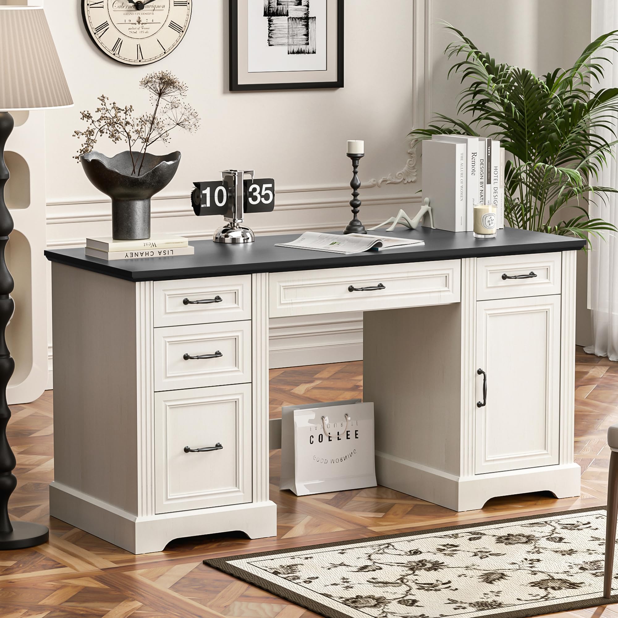 Spurgehom 58-Inch Executive Desk, Farmhouse Computer Desk with Drawers and Storage Cabinet, Wooden Home Office Desk Workstation, Study Writing Table, Black