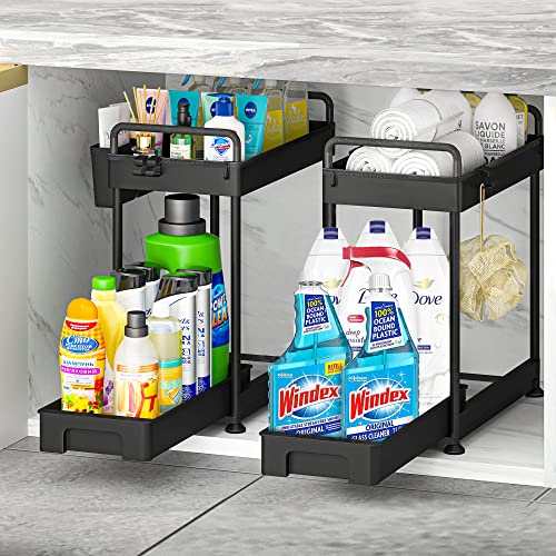 Panta Under Sink Organizer 2 Pack, 2-Tier Sliding Cabinet Organizers and Storage with Hooks, Large Capacity Pull-out Under Sink Shelf, Multi-Use Under Sink Storage for Bathroom and Kitchen
