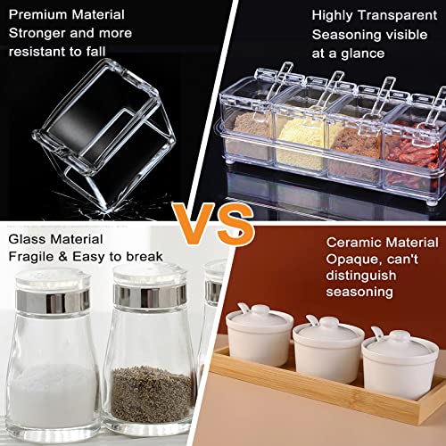 SHAIDOJIO Clear Seasoning Box, 4 Piece Seasoning Rack Spice Pots, Plastic Storage Container Condiment Jars with Lids and Spoon, Kitchen Organization Containers for Spice, Salt, Sugar, Cruet