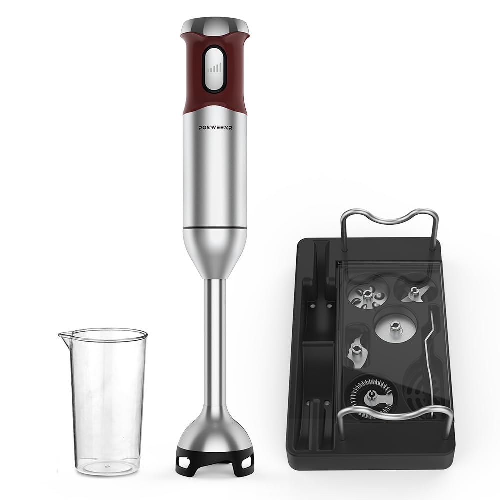 POSWEENR Immersion Blender, Scratch Resistant Hand Blender, 9-in-1 Heavy Duty Copper Motor Stainless Steel Stick Blender with Milk Frother, Whipping, Blade Remover, Storage Case, Red