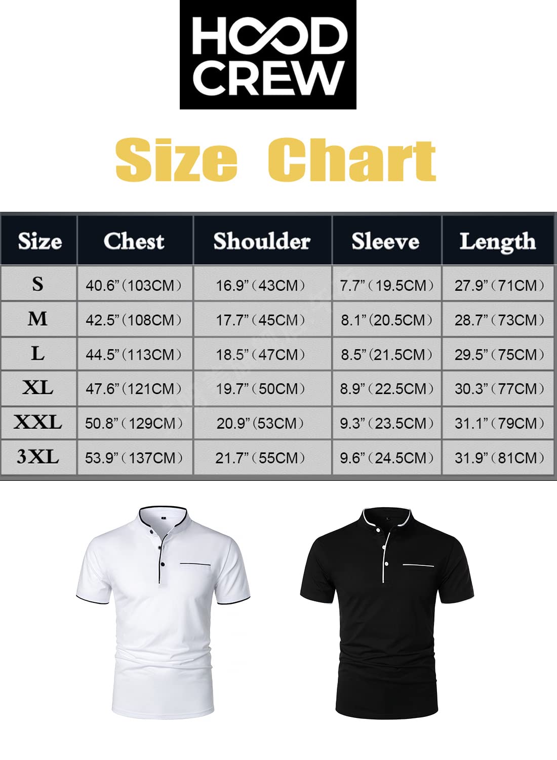 HOOD CREW Mens Short Sleeve Stand Collar Tops T-Shirt Casual Regular Fit Basic Designed Polo Shirts White M