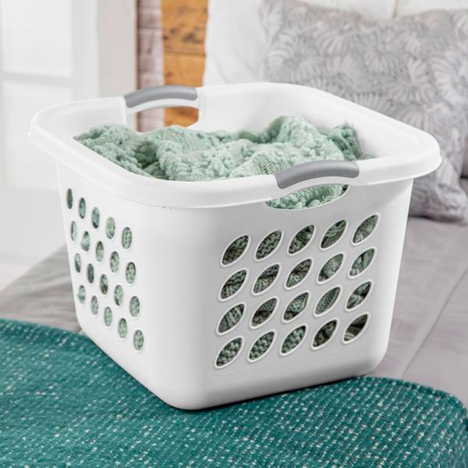 Square Laundry Hamper Clothes Storage Basket with Holes 53L White with Grey Handles Utility Room Garage Closet Made in US (2)
