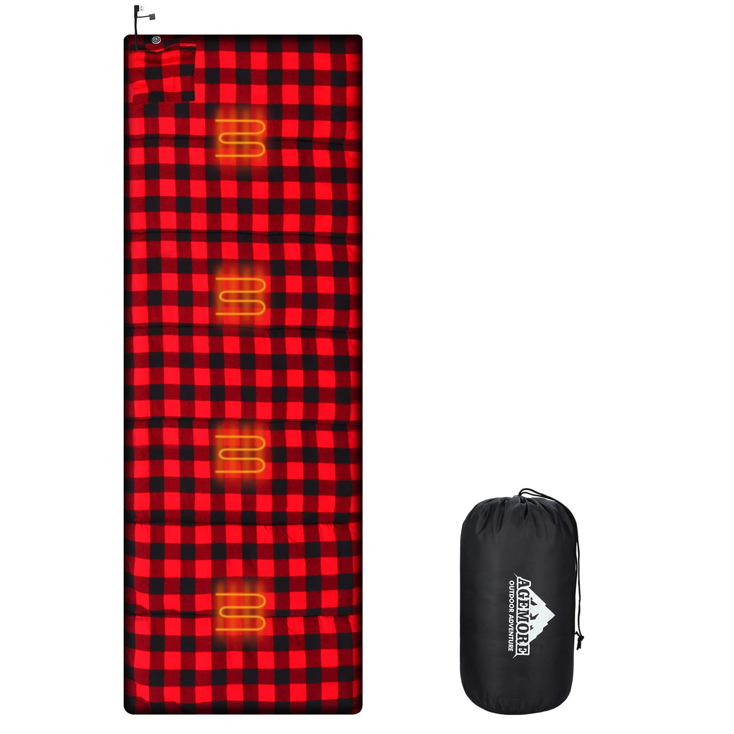 Heated Sleeping Bag Liner, Cotton Flannel Lined Sleeping Pad with 5V USB Power Support Heating Pad, Multifunctional Waterproof Heated Sleeping Pad for Cold Weather Camping, Backpacking or Hiking (Red)