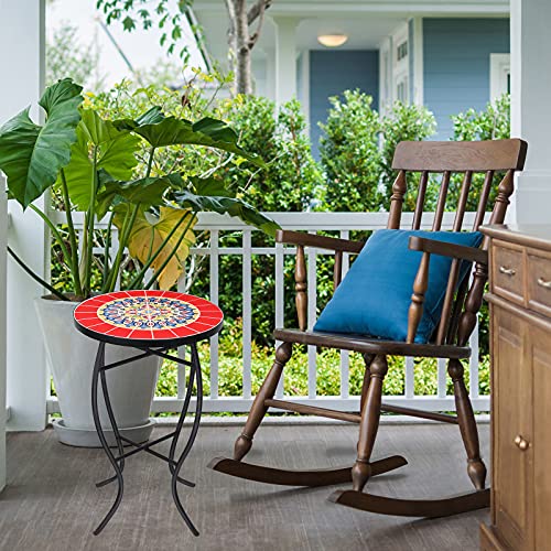 VCUTEKA Mosaic Outdoor Side Table - Small Patio Table Coffee Table Outside Accent Table Round End Plant Table for Bistro Balcony Porch Outdoor Benches 14'' Mosaic Table Red