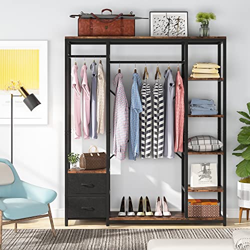 Tribesigns Freestanding Closet Organizer with 2 Drawers, 59 inch Heavy Duty Clothes Garment Rack with Shelves and Double Hanging Rod, Metal Clothing Rack Wardrobe for Bedroom, Rustic Brown