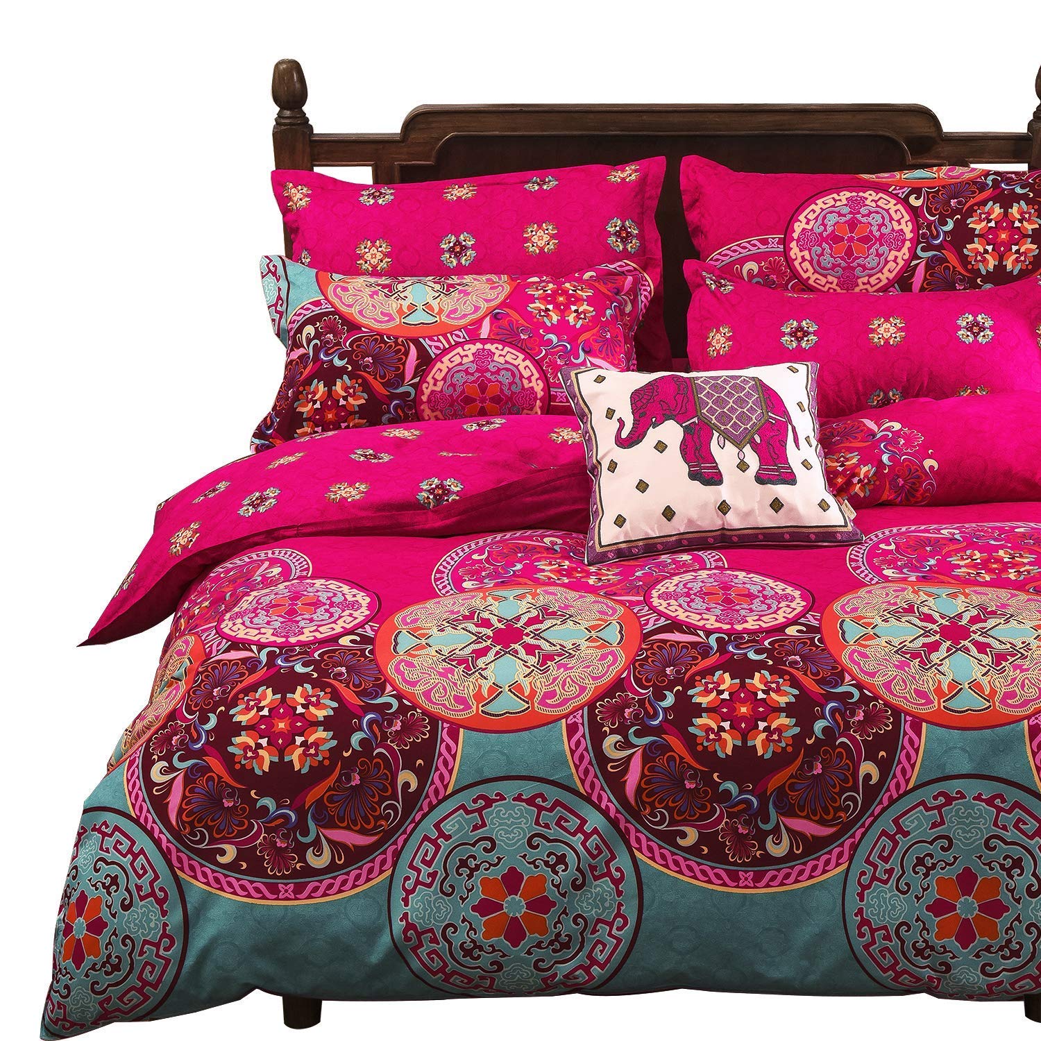Vaulia Boho Bedding Lightweight Microfiber Duvet Cover Set, Bohemia Exotic Patterns Design, Bright Pink - King Size 3-Piece Set (1 Duvet Cover 2 Pillow Shams)