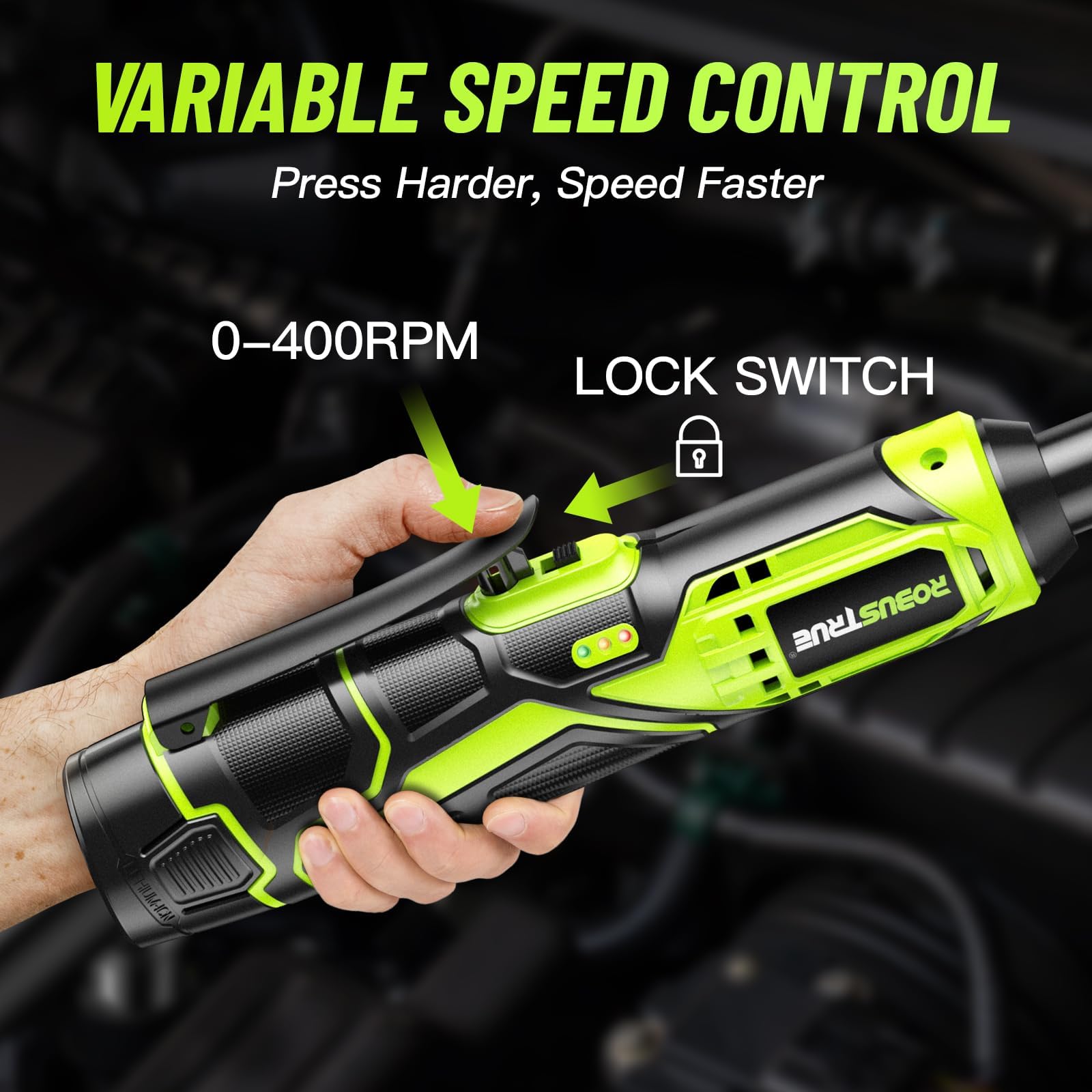 Robustrue 3/8" Cordless Ratchet Wrench, 6 inch Extended Ratchet Wrench, 40Ft-lbs 400RPM Cordless Ratchet, 2 Batteries Power Electric Ratchet Driver with Variable Speed, 7 Sockets, LED Light
