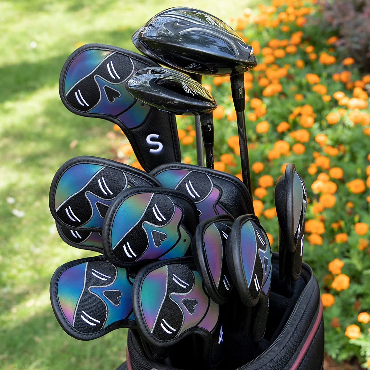Golf Iron Covers 10pcs,Golf Iron Head Covers Leather Golf Iron Covers Set Skeleton Golf Iron Headcovers,Long Neck Golf Club Head Covers for Iron with Magic Tape Fit All Brands
