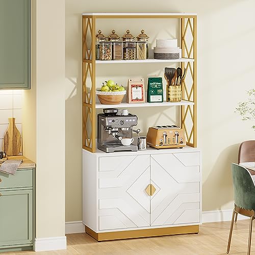 Tribesigns White and Gold Bookshelf with Doors: 70.9 Inches Tall Etagere Bookcase with 3 Shelves 2 Cabinets, Modern Open Display Book Shelves with Metal Frame for Living Room Bedroom Office