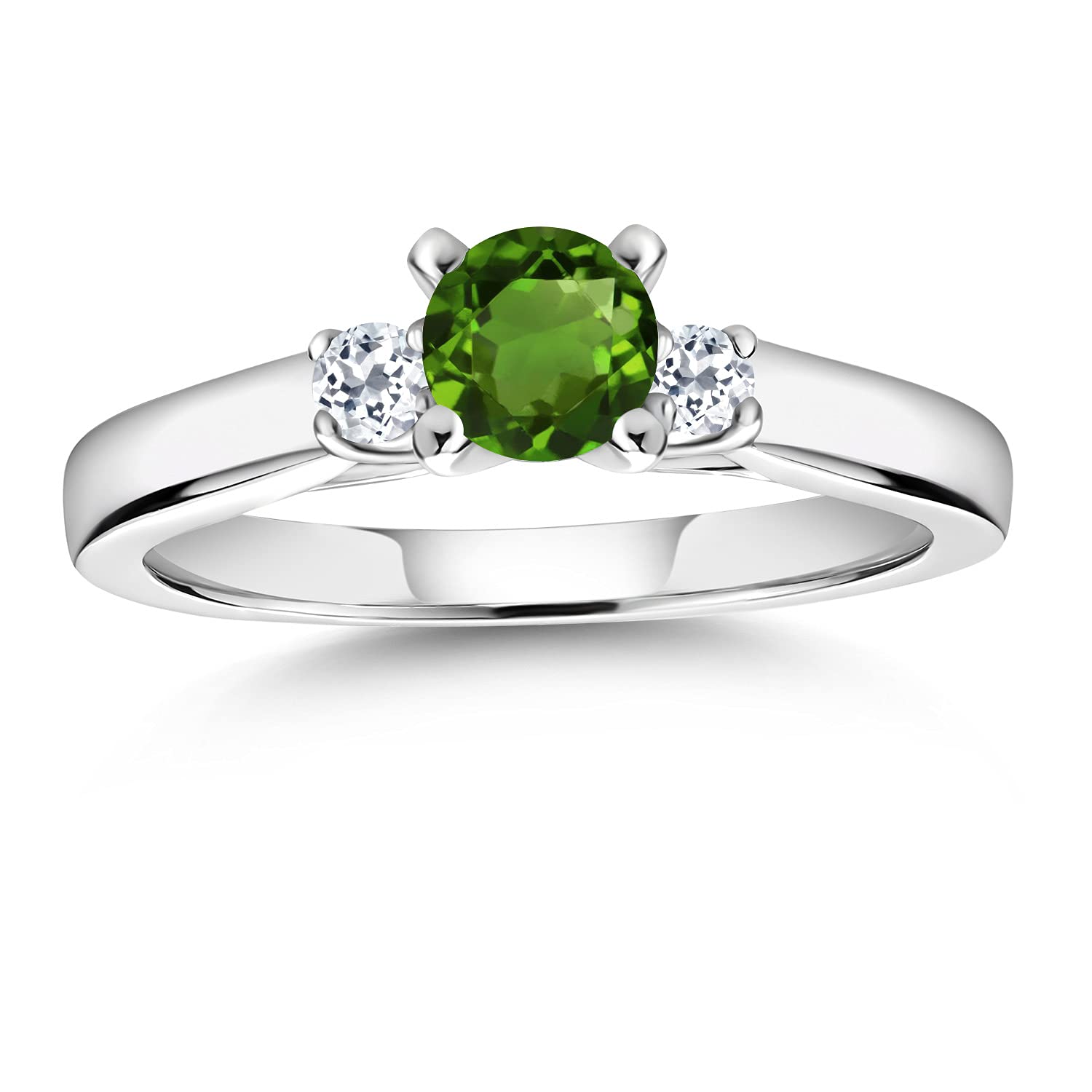 Gem Stone King 925 Sterling Silver Round Green Chrome Diopside and White Topaz Women Ring (0.67 Cttw, Gemstone Birthstone, Available In Size 5, 6, 7, 8, 9)