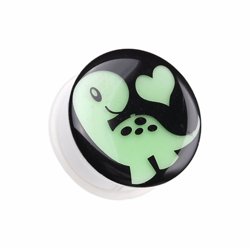 Glow in the Dark Adorable Dino Heart Single Flared WildKlass Ear Gauge Plug (Sold as Pairs)