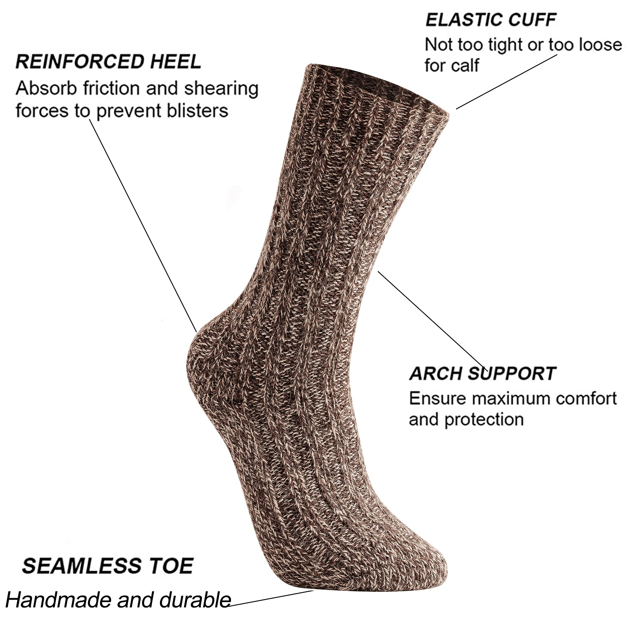 GLENMEARL 3 Pack Womens and Mens Merino Wool Hiking Socks Winter Warm Soft Snow Boot Crew Socks for Women & Mens (Size 7-10)