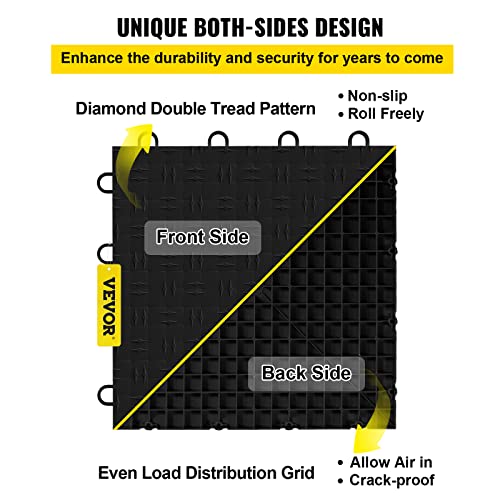 VEVOR Garage Tiles Interlocking, 12'' x 12'', 25 Pack, Black Garage Floor Covering Tiles, Non-Slip Diamond Plate Garage Flooring Tiles, Support up to 55,000 lbs for Basements, Gyms, Repair Shops