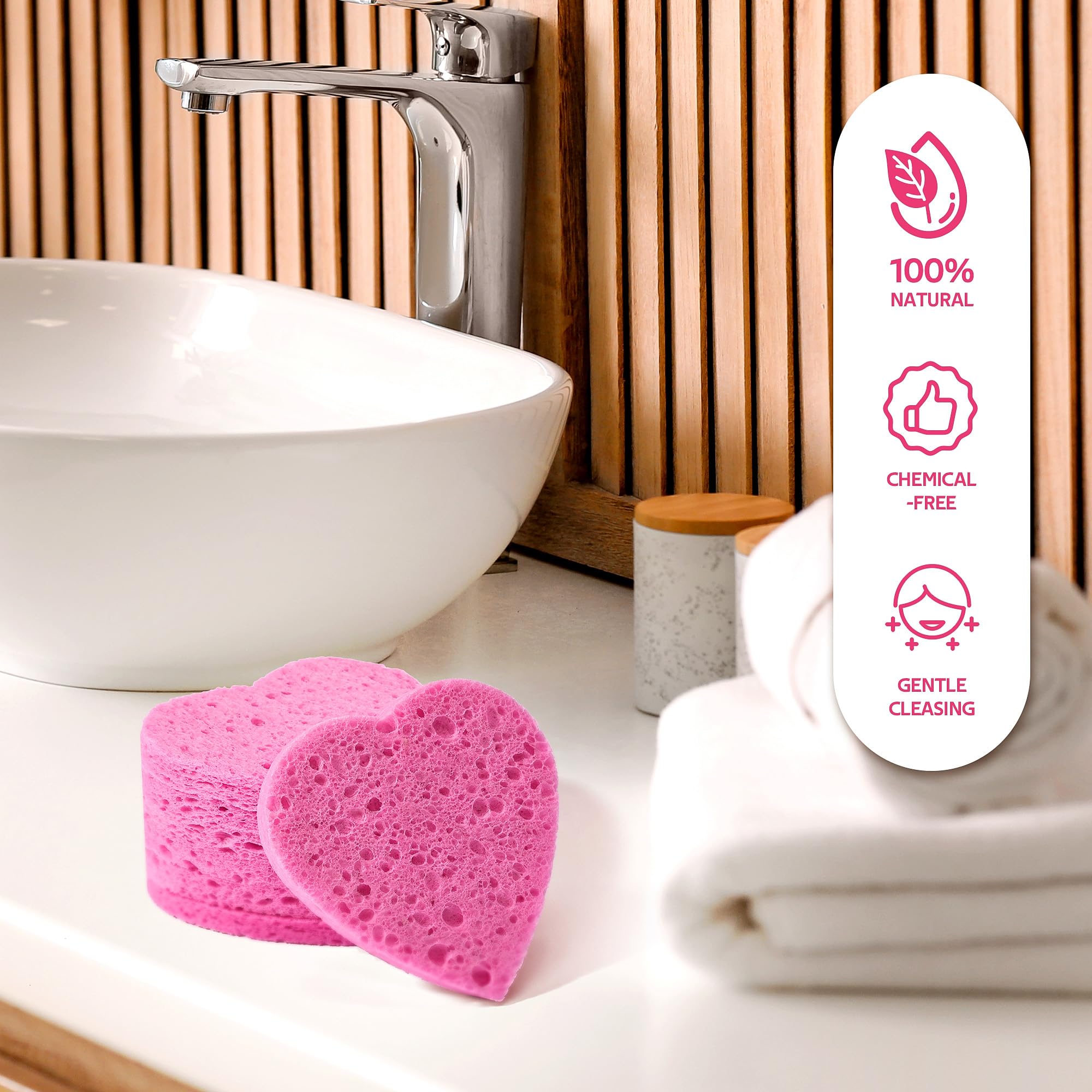 GAINWELL 50-Count Heart Shape Compressed Facial Sponges for Daily Facial Cleansing and Exfoliating, 100% Natural Cosmetic Spa Sponges for Makeup Remover