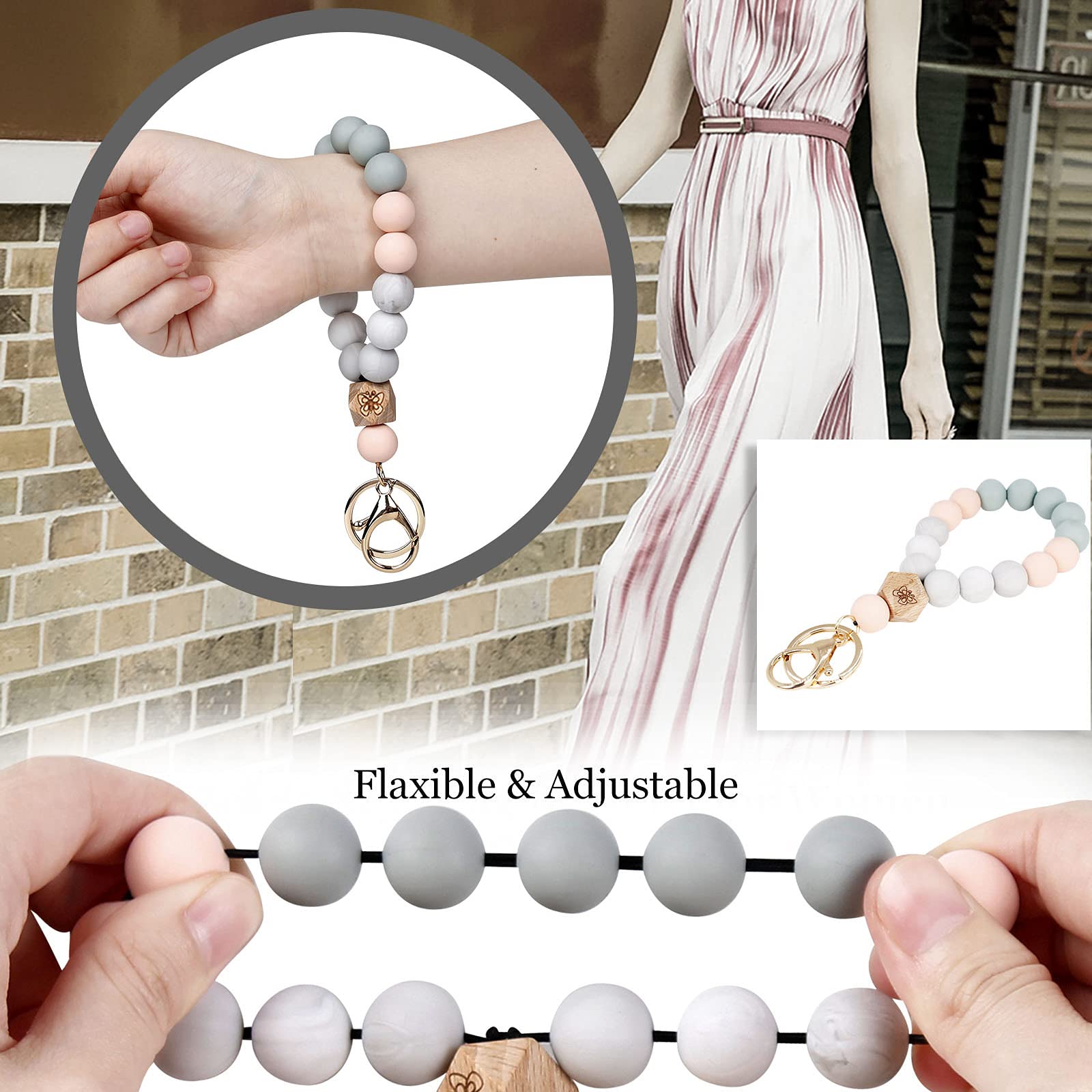 Hisuper Silicone Bangle Key Ring Bracelet Wallet Key Chain for Circle Wrist Bracelet for Car Keys Keychains Elastic Beaded Silicone Bracelet Bangle Wristlet Women Beaded Keychain with Card Horder