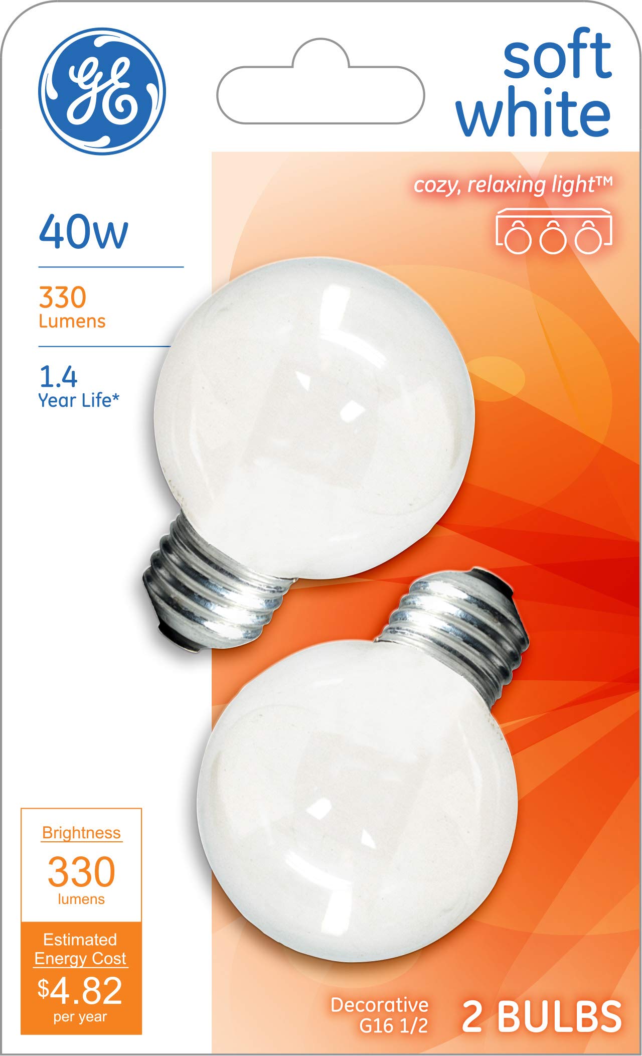 GE 043168311106 Soft White 31110 40-Watt, 330-Lumen G16.5 Light Bulb with Medium Base, 2-Pack, 2 Count (Pack of 1)