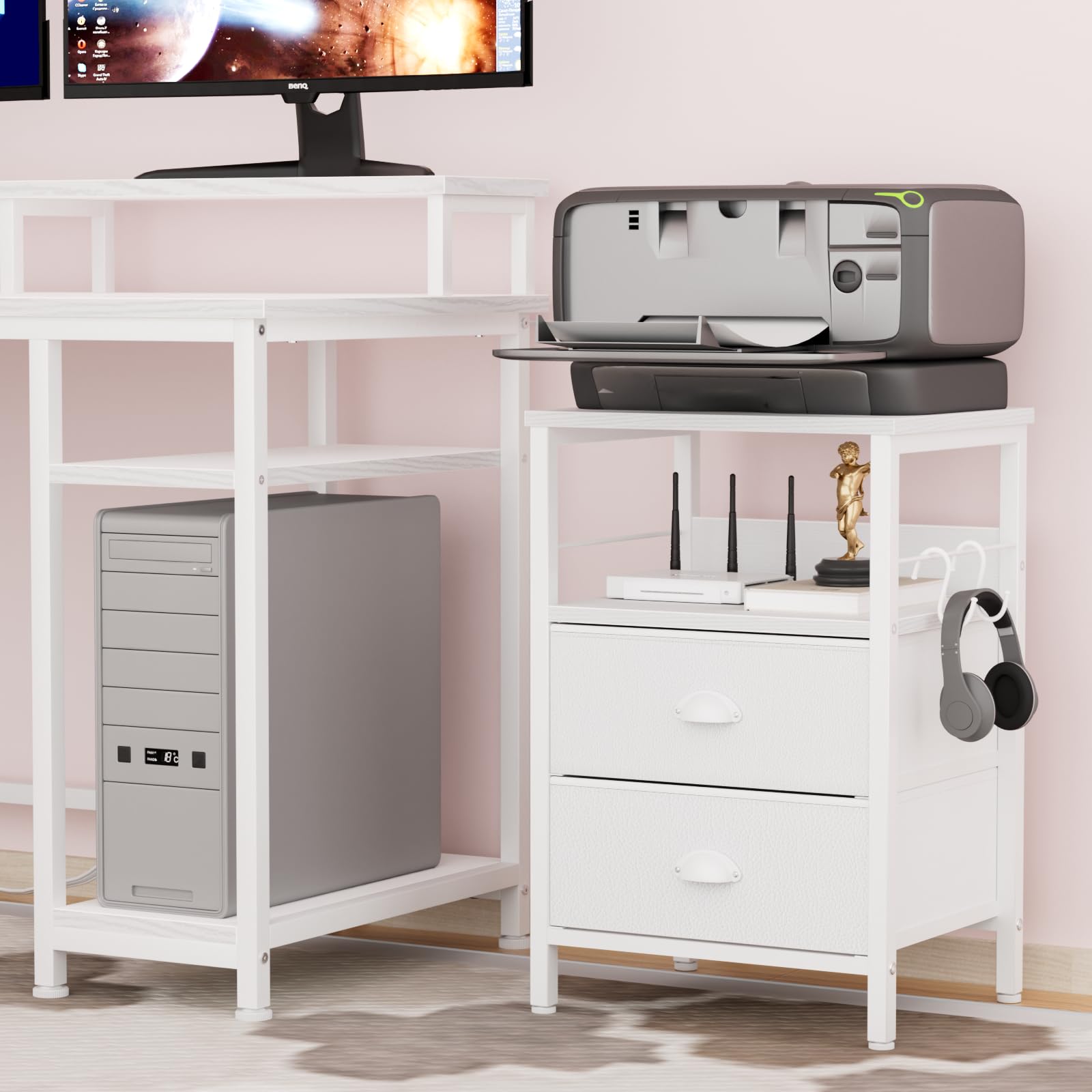 Furologee Nightstands Set 2, End Table with 2 Fabric Drawers, Bedside Table with 2 Hooks, Open Wood Shelf Side Sofa Table for Bedroom/Living Room/Hallway/White