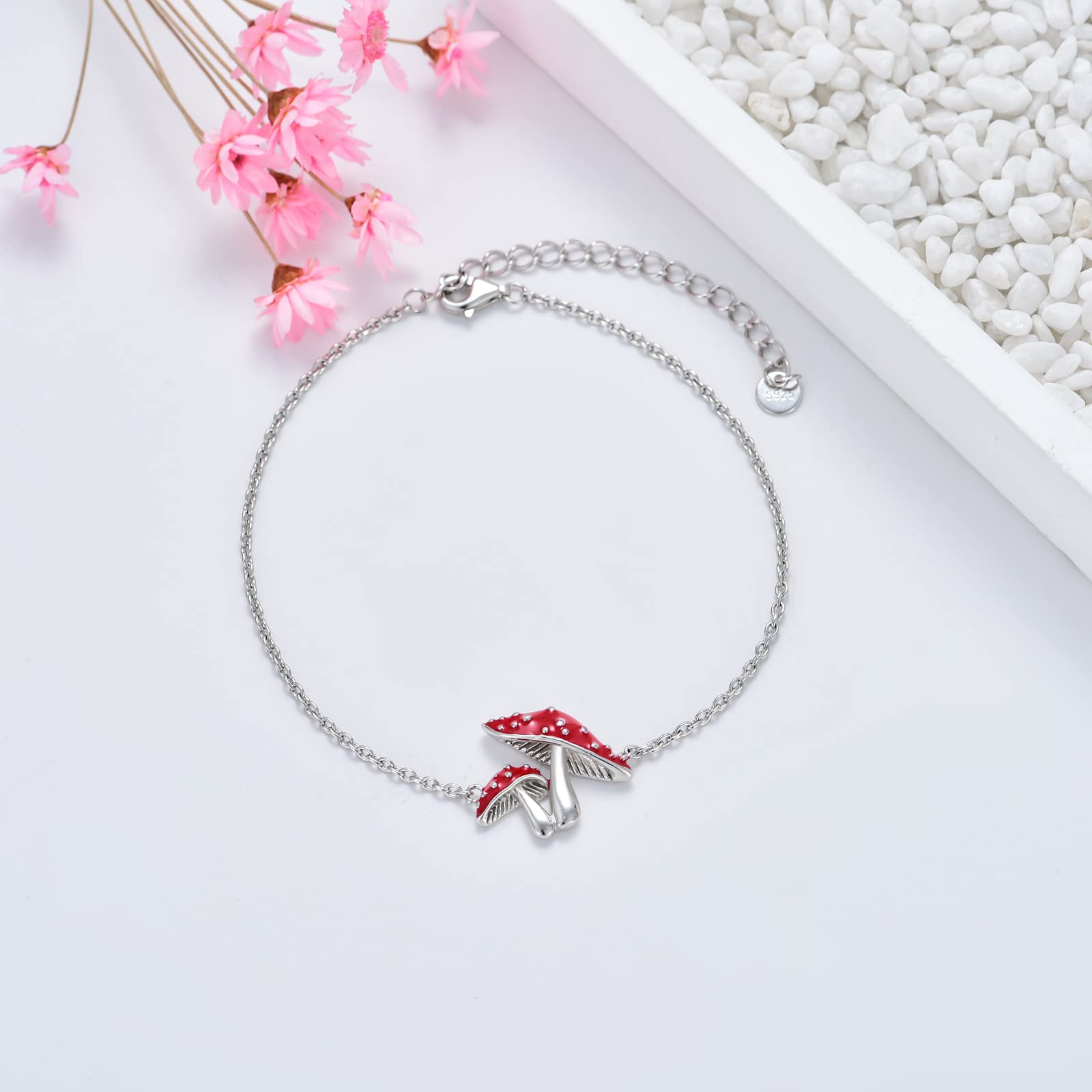 LONAGO Mushroom Bracelet for Women 925 Sterling Silver Red Mushroom Bracelet