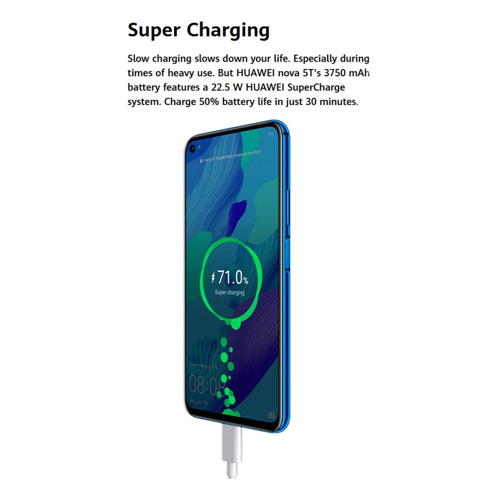 HUAWEI Nova 5T (128GB, 6GB) 6.26" LCD, Kirin 980, 48MP Quad Camera, 22.5W Fast Charge, Dual SIM GSM Unlocked Global 4G LTE International EU Plug with US Adapter (Black)