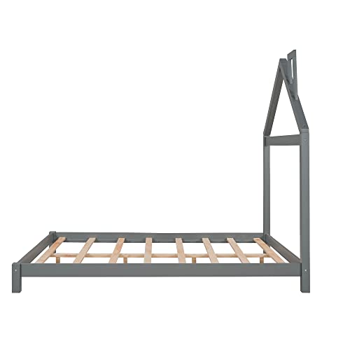 Oudiec Full Size Wood Platform Bed with House-Shaped Headboard,Wooden Bedframe for Boys/Girls/Teens/Kids Bedroom, No Box Spring Required, Gray