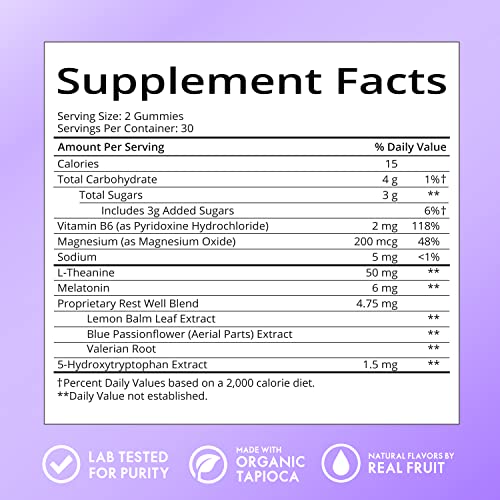 Sugarbear Sleep Aid Gummies for Adults with Melatonin 6mg, Magnesium, L-Theanine, 5 HTP, B6, Valerian Root, Lemon Balm - Vegan Chewable Sleep Supplement, Sleep Vitamins (1 Month Supply)