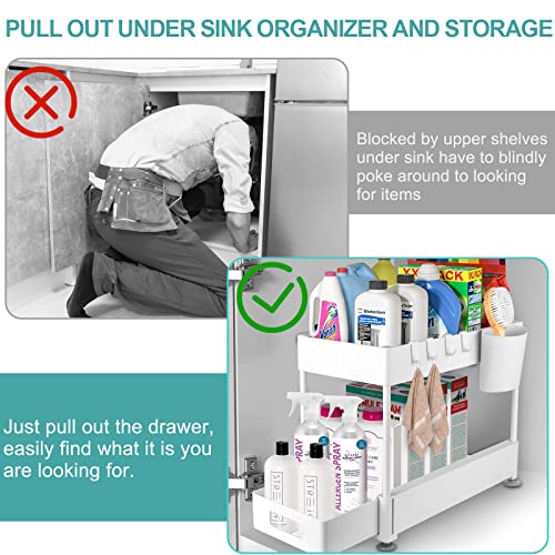 Under Sink Organizer, 2 Tier Bathroom Organizer Under Sink with Hooks, Hanging Cup, Under Kitchen Sink Organizer and Storage, Under Sink Slide-out Drawer Organizer Black