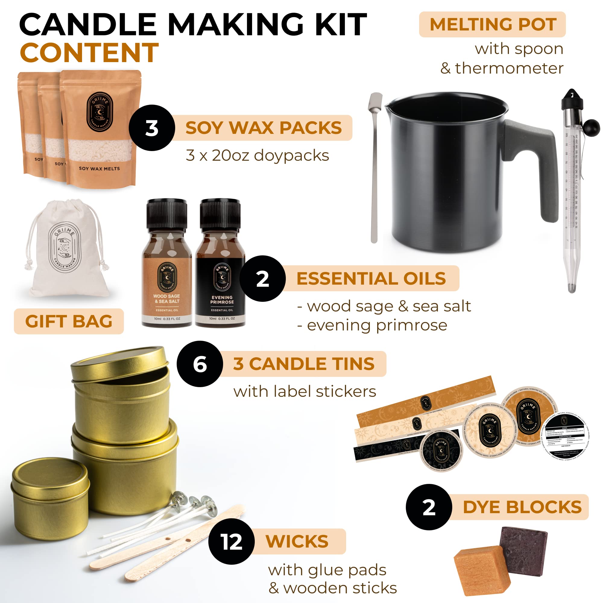 Griime Complete Candle Making Kit – Candle Making Supplies for Adults & Kids – Scented Home Creations, Soy Wax, Dyes, Essential Oils, Cotton Wicks, Holders, Instructions – DIY Candle Making kit