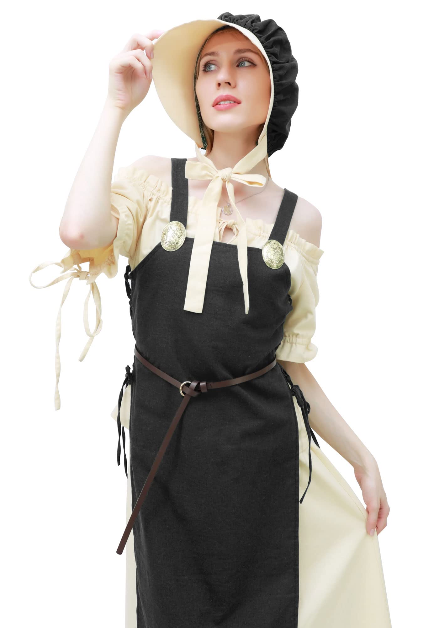 FURPHI Women's Colonial Pioneer Bonnet Hat Linen Victorian Pilgrim Headwear (Black)