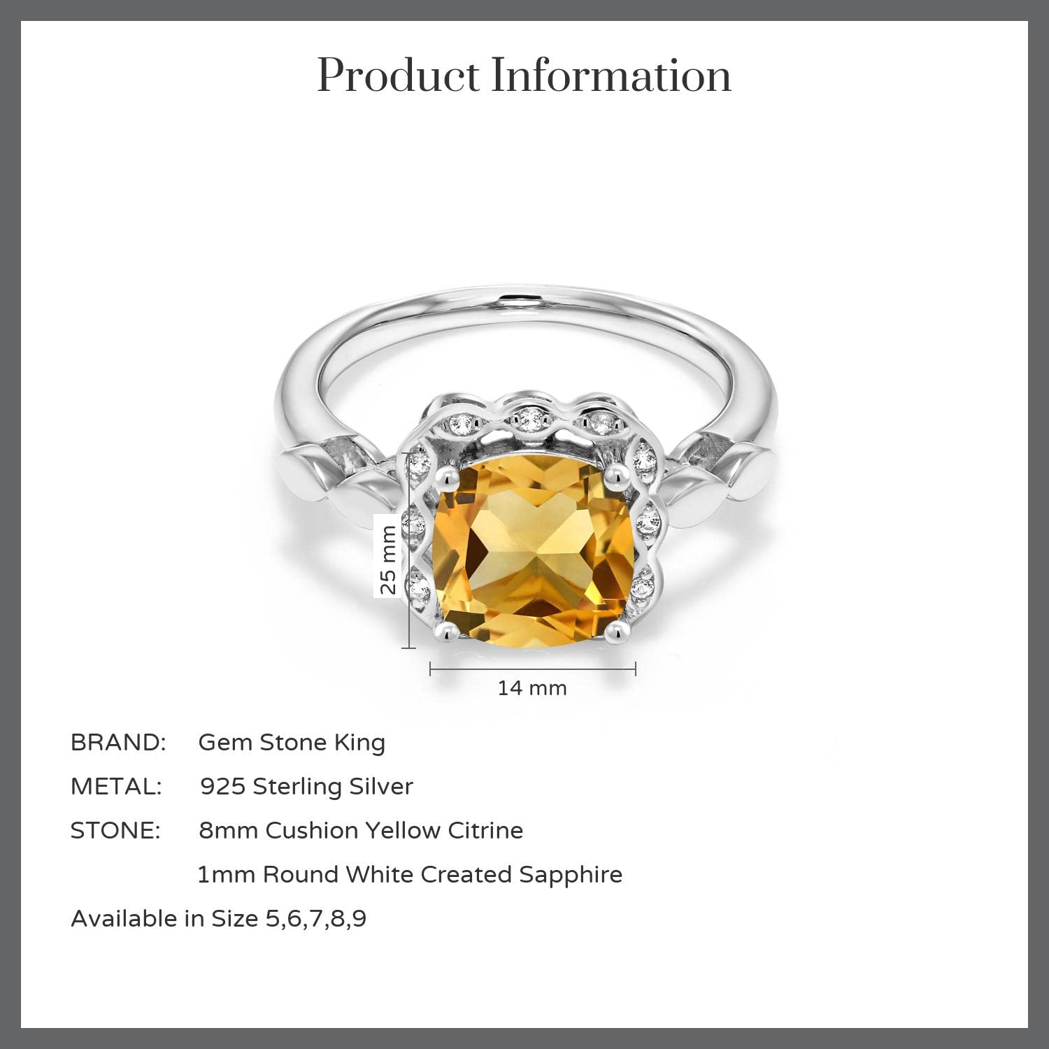 Gem Stone King 925 Sterling Silver 8MM Cushion Gemstone Birthstone and White Created Sapphire Engagement Ring | Wedding Engagement Anniversary Promise Ring For Women