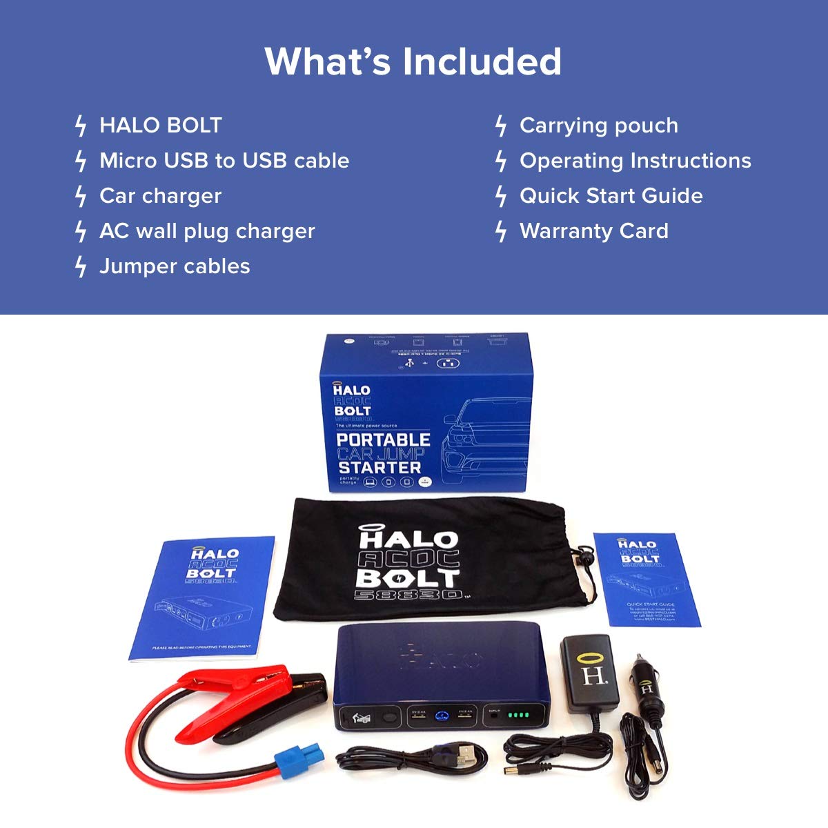 HALO Bolt 58830 mWh Portable Phone Laptop Charger Car Jump Starter with AC Outlet and Car Charger,Usb - Silver Graphite (1267118)