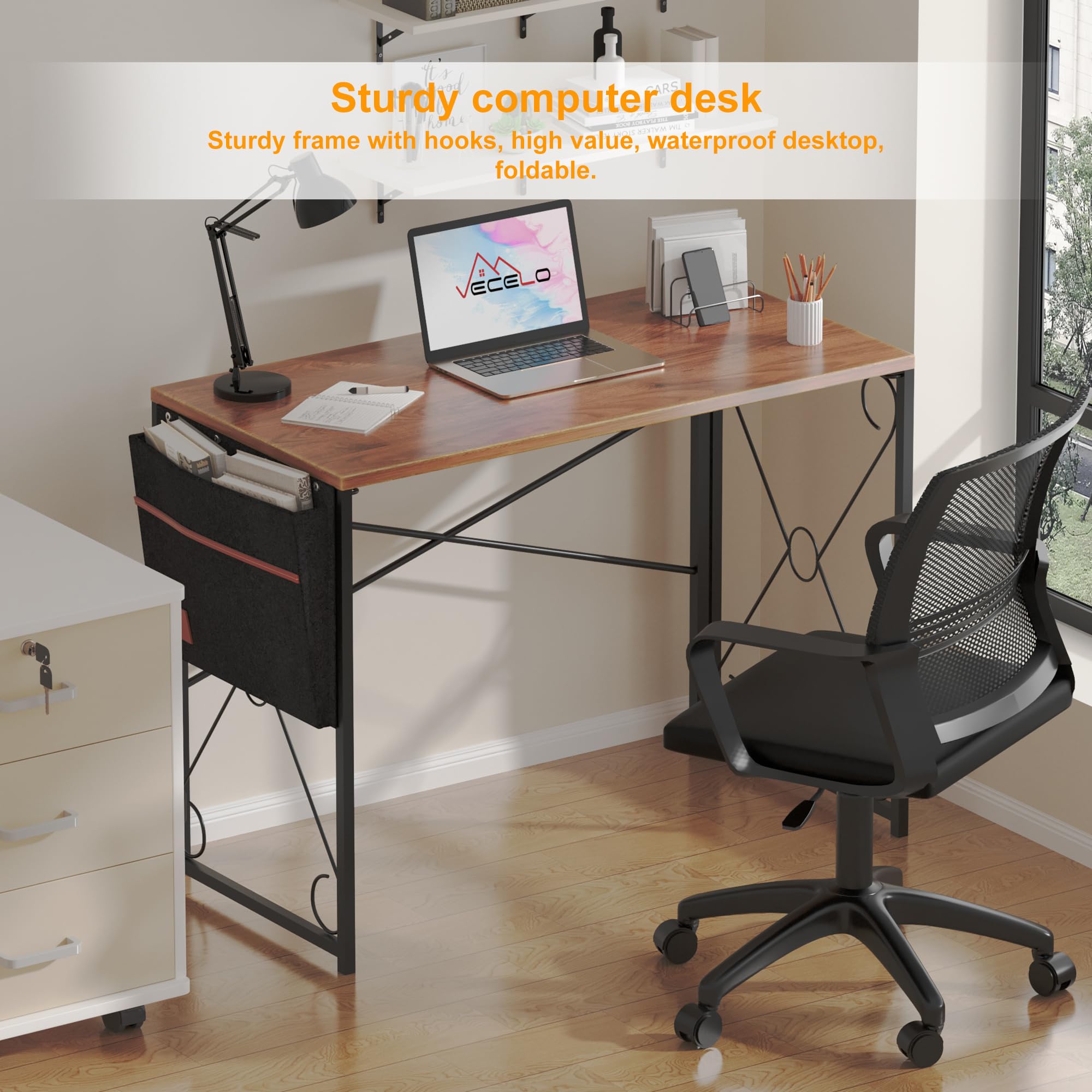 VECELO Folding Desk with Storage Bag 39 Inch Writing Desk Home Office Sturdy Steel Laptop Table for Home Office Work Rustic Brown