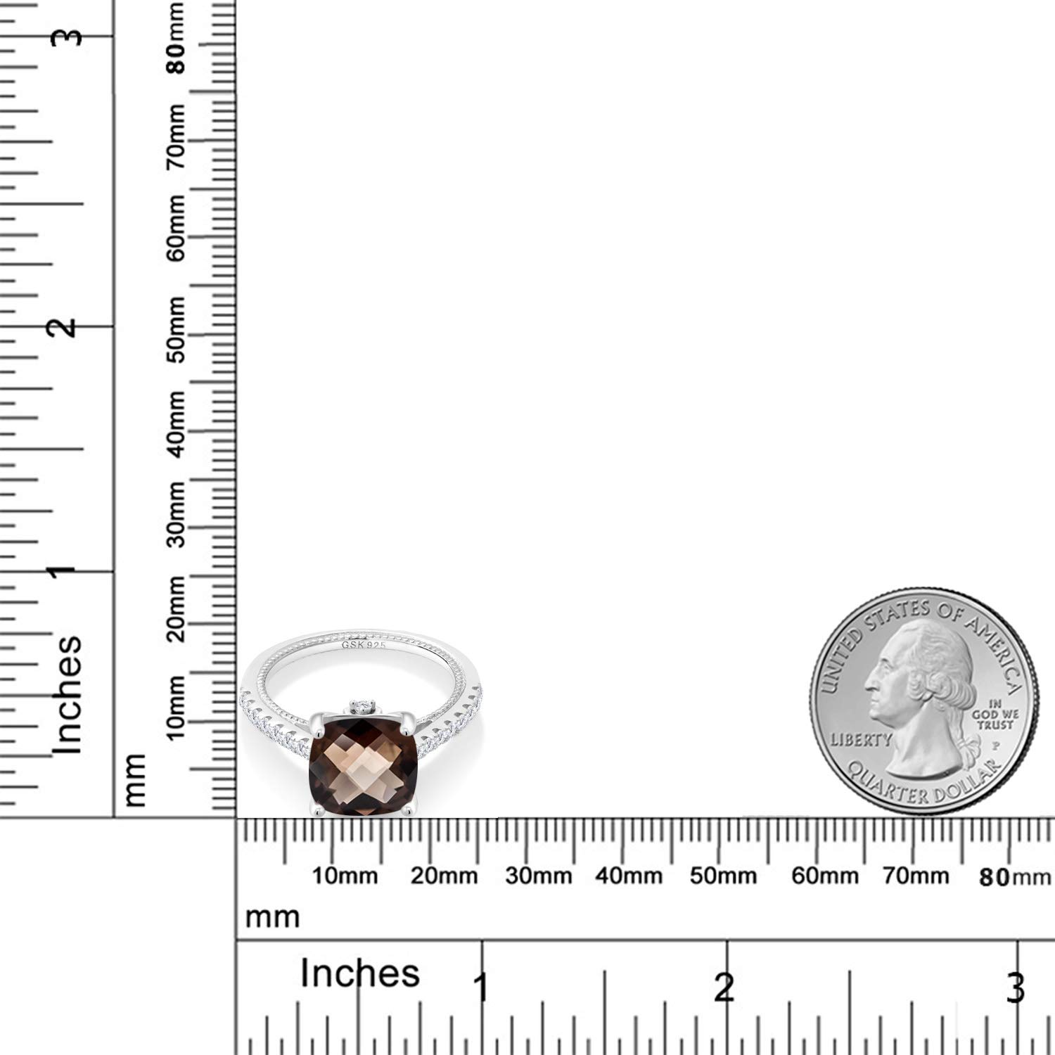 Gem Stone King 925 Sterling Silver Smoky Quartz and White Created Sapphire Engagement Ring For Women (4.12 Cttw, Cushion Checkerboard 10MM, Available in size 5, 6, 7, 8, 9)