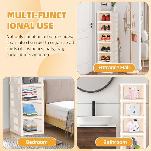 Foldable Shoe Storage Box, 6 Tier Plastic Shoe Storage Cabinet Organizer with Clear Door for Entryway, Shoe Sneaker Storage Containers Fit up to US Size 12, All-in-One