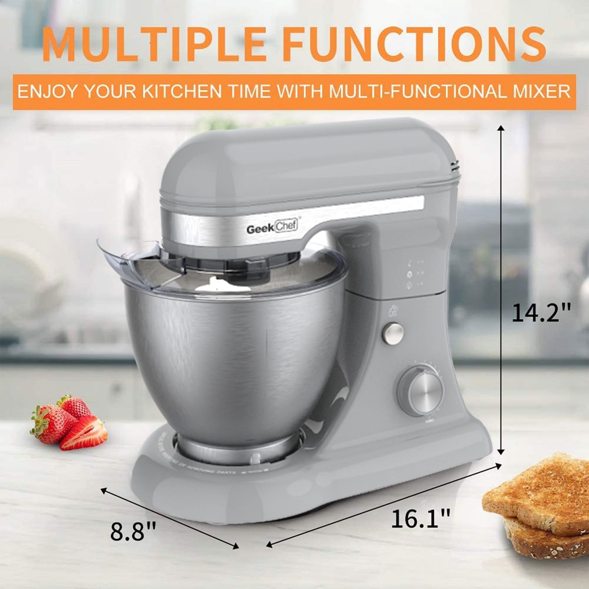 Geek Chef 4.8 Qt Stainless Steel Bowl 12 Speed Tilt-Neck Kitchen Countertop Baking Food Stand Mixer with Beater Paddle, Dough Hook, and Whisk, Gray