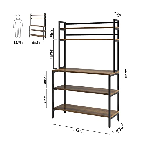 HITHOS Industrial 5-Tier Kitchen Bakers Rack with Hutch, Microwave Oven Stand with Shelves, Coffee Bar for Living Room, Utility Storage Shelf for Home Office, Rustic Brown