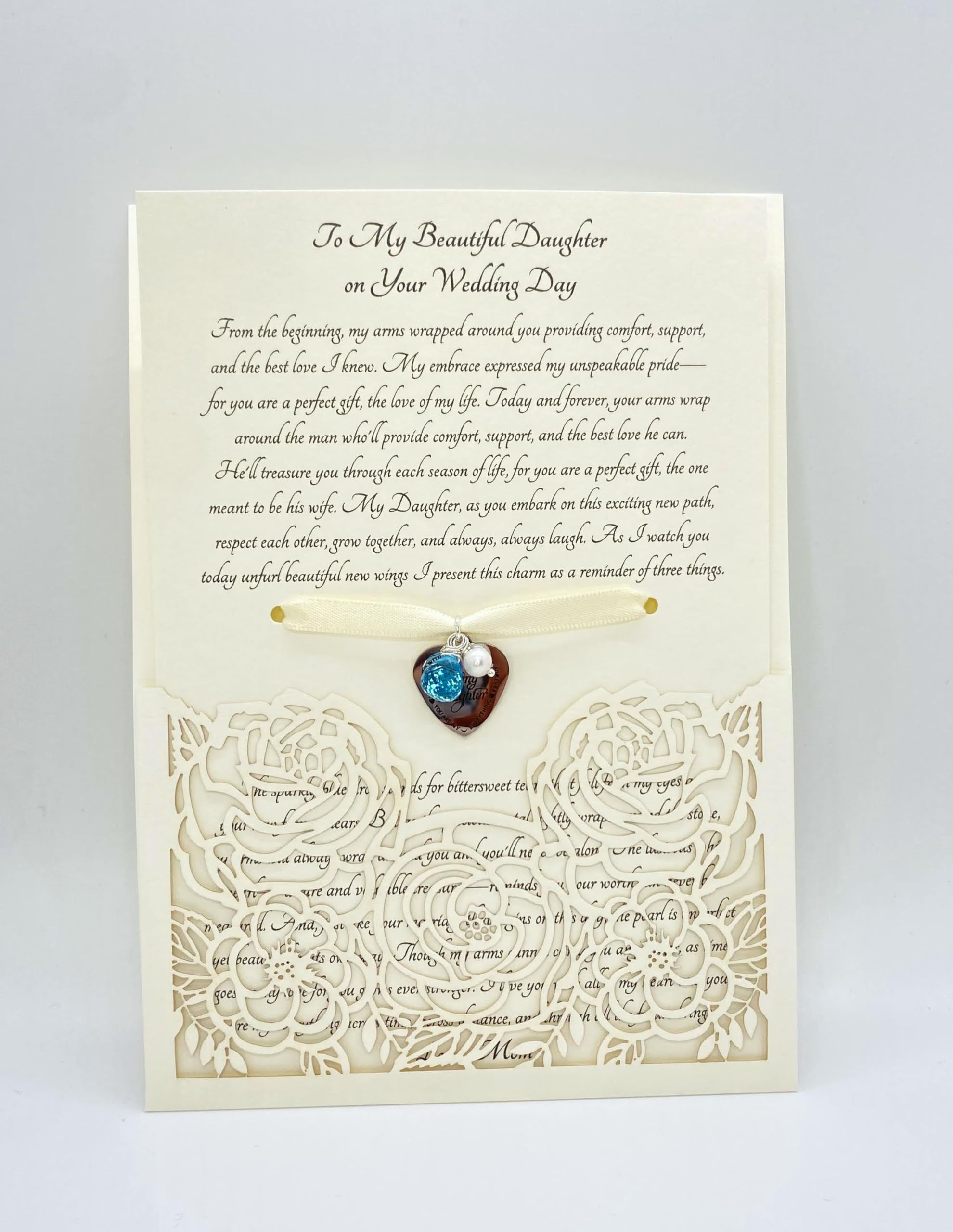 Gift for Daughter on Wedding Day-Bouquet Charm-Something Blue from Mom to Bride BCOW (Azure Blue, Send as Shown/Do not add custom names/date/closing)