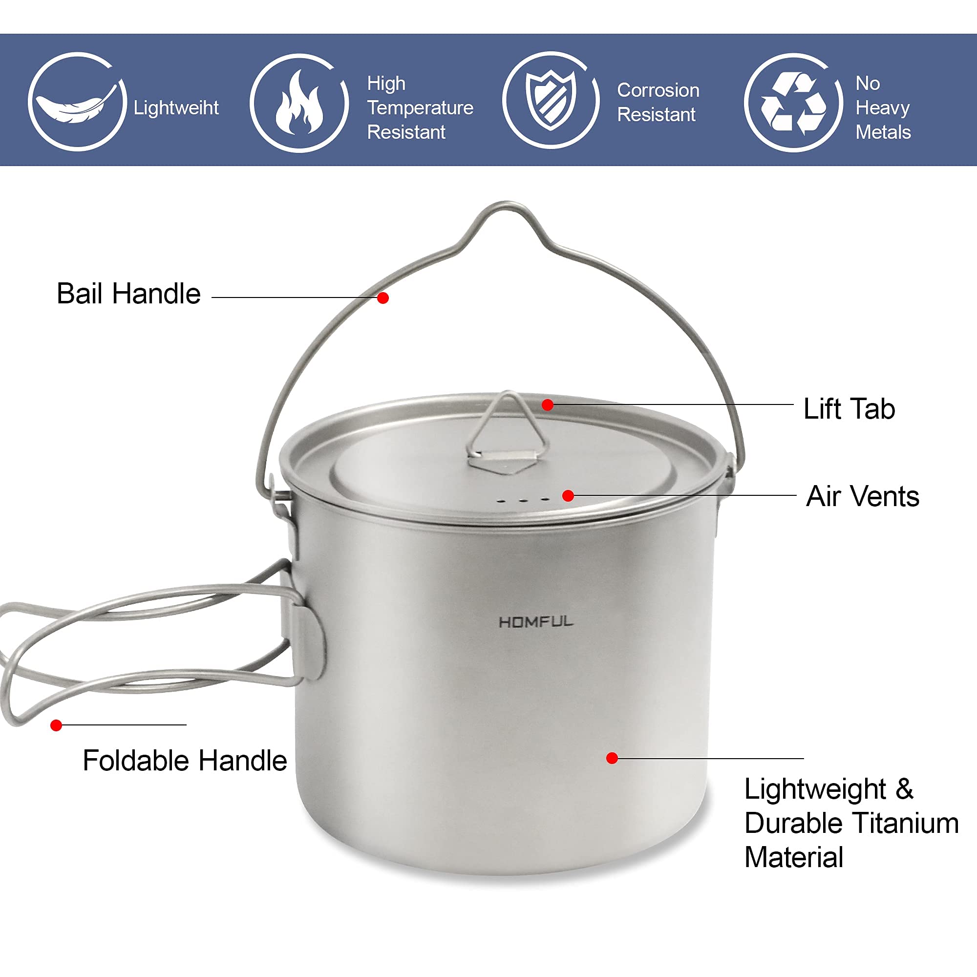HOMFUL Camping Cookware Titanium Cooking Set,1100ML 420ML Camping Pots Cup Mug,Titanium Spork with Mesh Bag for Backpacking Hiking Picnic