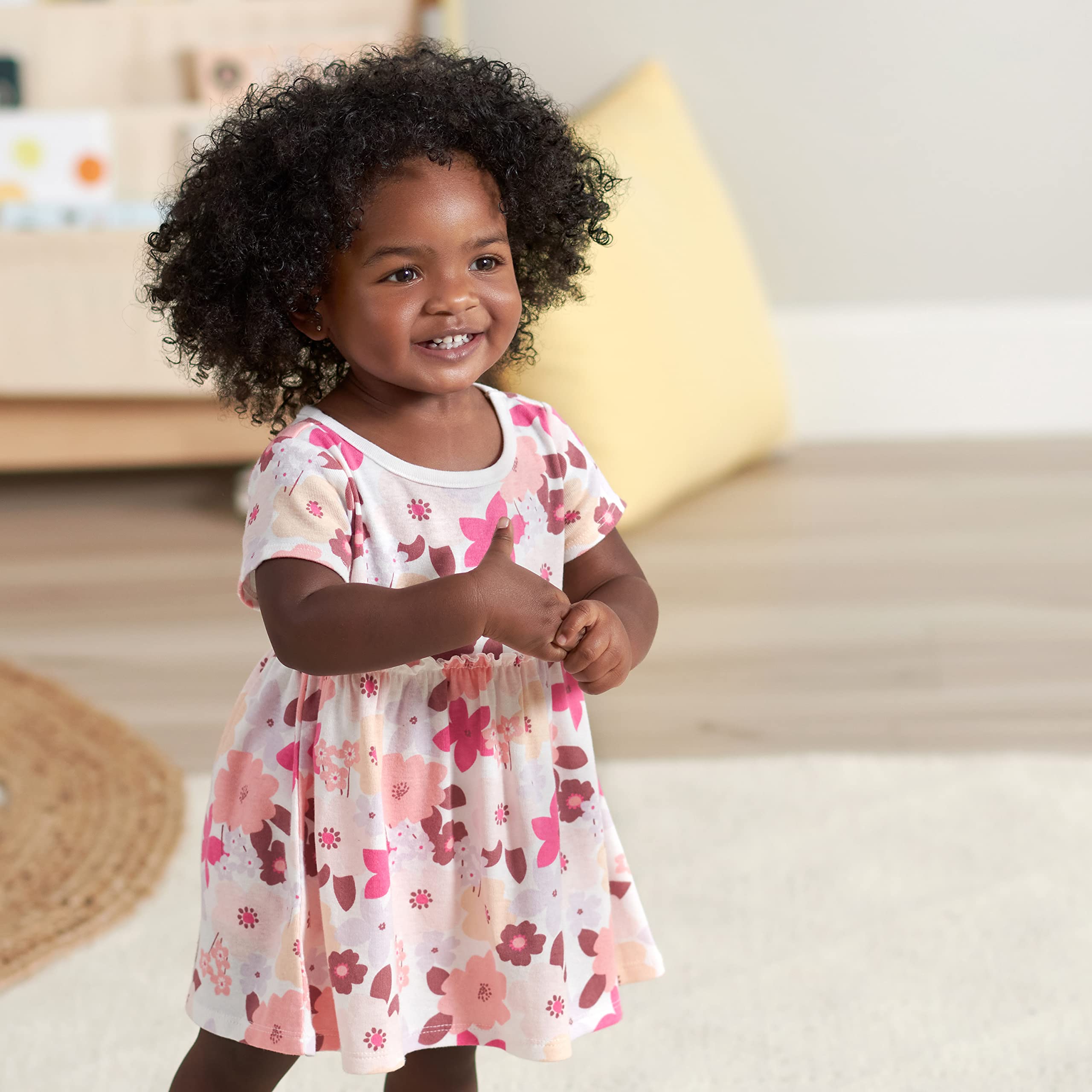 Gerber Baby Girls' 3-Piece Dress, Diaper Cover and Headband Set, Floral