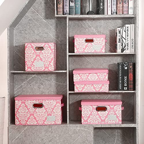 SEEKIND Storage Box, Decorative Storage Bins with Lid,6 in 1 Set,with Handles,Foldable for Space Saving Storage Boxes,for Bras,Clothes, Cosmetic,Blankets (Pink) …