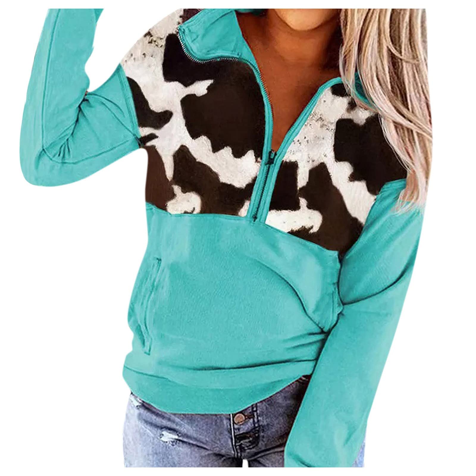 Hemlock Women 1/4 Zipper Pullovers Cow Print Tops Long Sleeve Sweatshirts Sweater Tunic Blouse Fall Top Outwear Green