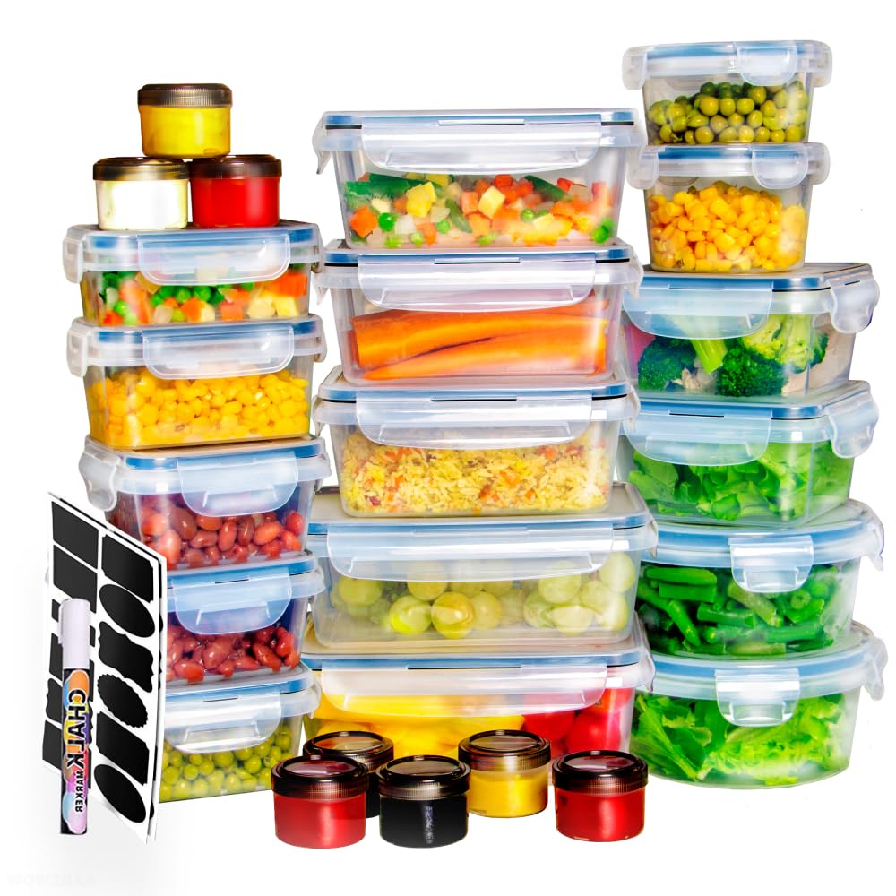 WOWZILLA 24Pcs Plastic Food Storage Containers with lids with Labels & Pen- Comes with Sauce Cups, BPA Free Food Containers, Leakproof Meal-Prep Containers for Kitchen Storage, Dishwasher Safe, Set